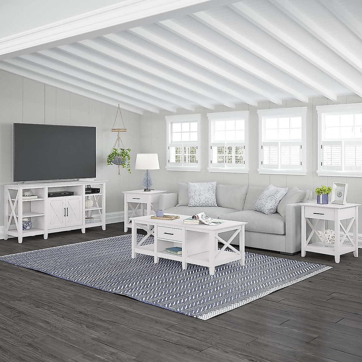 Bush Furniture Key West Tall TV Stand for 65 Inch TV in Pure White Oak, Farmhouse Entertainment Center with Storage