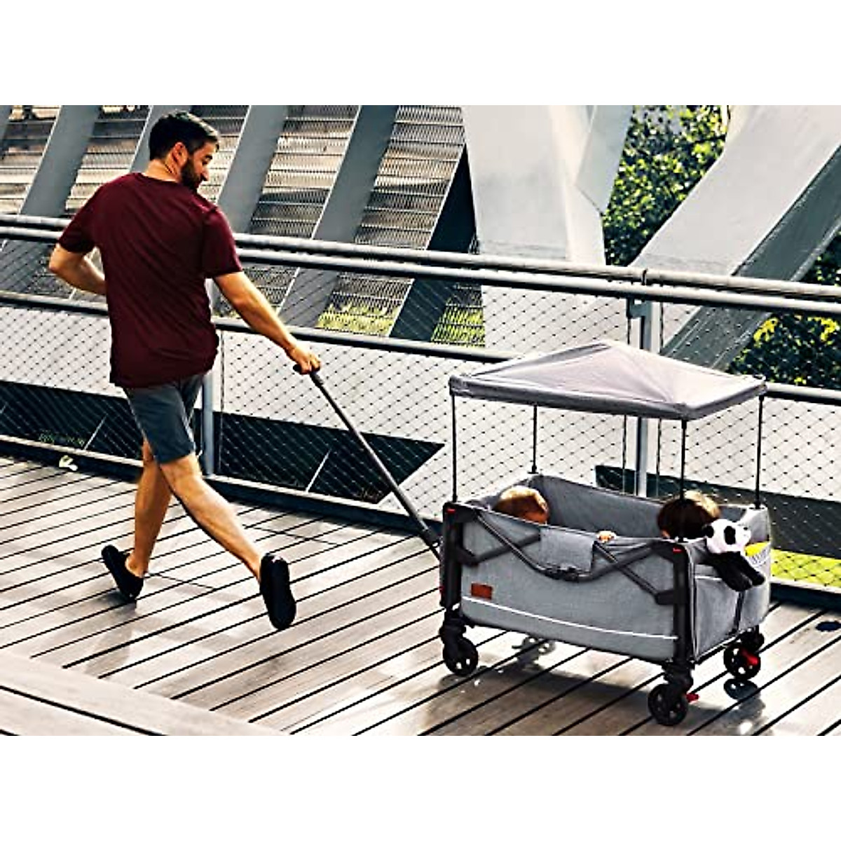 EVER ADVANCED Foldable into Bag Travel Wagon Stroller for 2 Kids & Cargo, Collapsible Toddler Wagon with Removable Canopy, Adjustable 5-Point Harness, Lightweight Carry-on Stroller for Airplane Grey