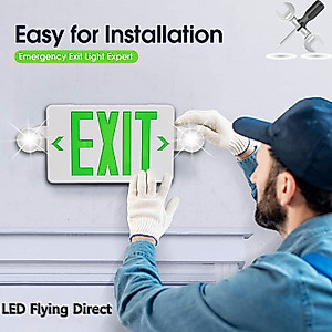 Green LED Exit Sign Emergency Lights with 2 Adjustable Head Lights, Green Letter Emergency Exit Lighting With Battery backup, US Standard Double Sided ABS Fire Resistant UL 924 AC 120/277V (12-Pack)