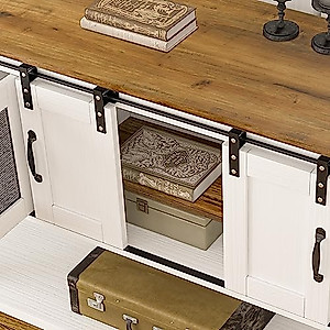 Farmhouse Coffee Bar Cabinet, 47’’ Kitchen Coffee Bar Table, White Coffee Buffet Cabinet with Sliding Barn Door, Entryway Table with Metal Mesh Doors, Bottom Open Storage Shelf, Living Dining Room