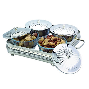 Regent Rigeli VICTORIA White Bronze plated 4 Compartment Party Set Stainless Steel square round with a metal cap 4 Compartment Serving Bowls for Candy, Nuts, Fruit, Veggies, pulses