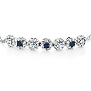 Gem Stone King 925 Sterling Silver Sky Blue Aquamarine and Blue Sapphire Tennis Bracelet For Women (2.27 Cttw, Gemstone March Birthstone, 7 Inch with 2 Inch Extender)