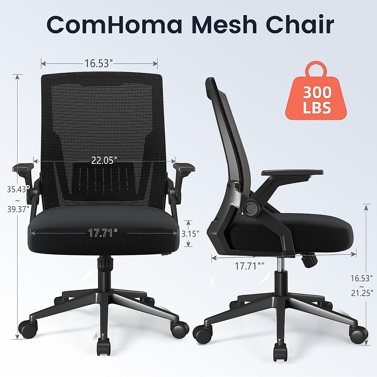 COMHOMA Office Chair with Flip-up Armrests Ergonomic Computer Desk Chair Foldable Mesh Task Chair with Wheels Adaptive Lumbar Support Swivel Tilt Comfortable Study Chair, Black (Seat Depth 17.7")