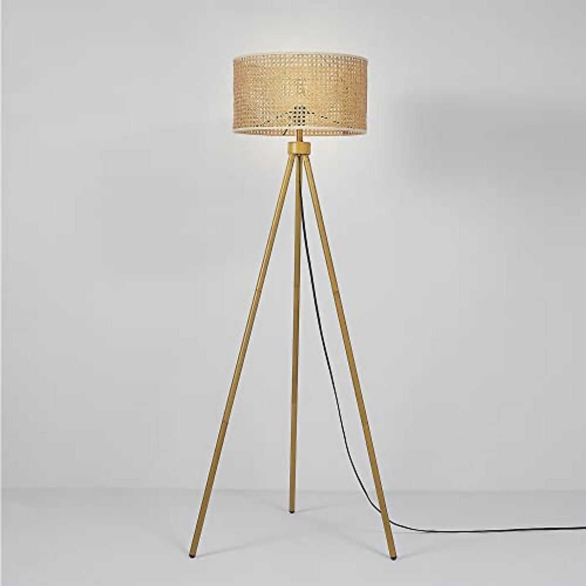 Globe Electric 65914 60" Floor Lamp, Faux Wood Tripod Base, Rattan Shade, On/Off Rotary Switch on Socket