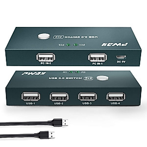 USB Switch for 2 Computers Sharing 4 USB 2.0 Port Devices, USB 2.0 Peripheral Switch Box Hub for One-Button Swapping, Compatible with Windows Mac Linux, Powered by USB, with 2 USB Cables