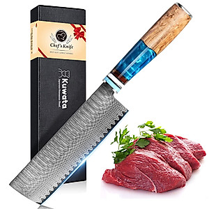 Kuwata Nakiri Chef Knife, Japanese VG-10 High Carbon Steel Damascus Professional Kitchen Chefs Cooking Knife in Gift Box, G10 Ergonomic Handle, Gift Box for Family, Restaurant