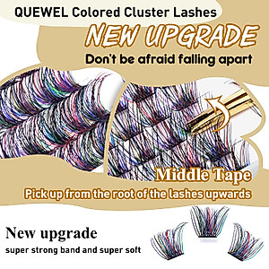 QUEWEL Cluster Lashes 72 Pcs Wide Stem Colored Eyelash Clusters Mixed Colors Lashes Clusters+ C/D Curl 8-16mm Length DIY Eyelash Extension False Eyelashes Natural&Mega Styles