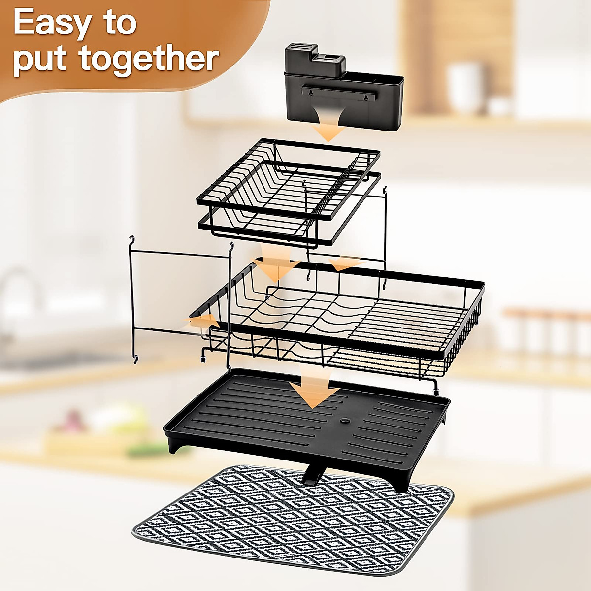T.R.Sani. Dish Drying Rack with Multi-Functional Drying Mats, Two Tiers Large Storage Dish Rack for Kitchen Counter, Black