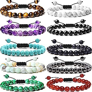 JEWPARK 10 PCS 8mm Semi-Precious Gemstone Bracelet Set Healing Crystal Stone Bracelets for Men Women Round Beaded Adjustable Macrame Bracelets