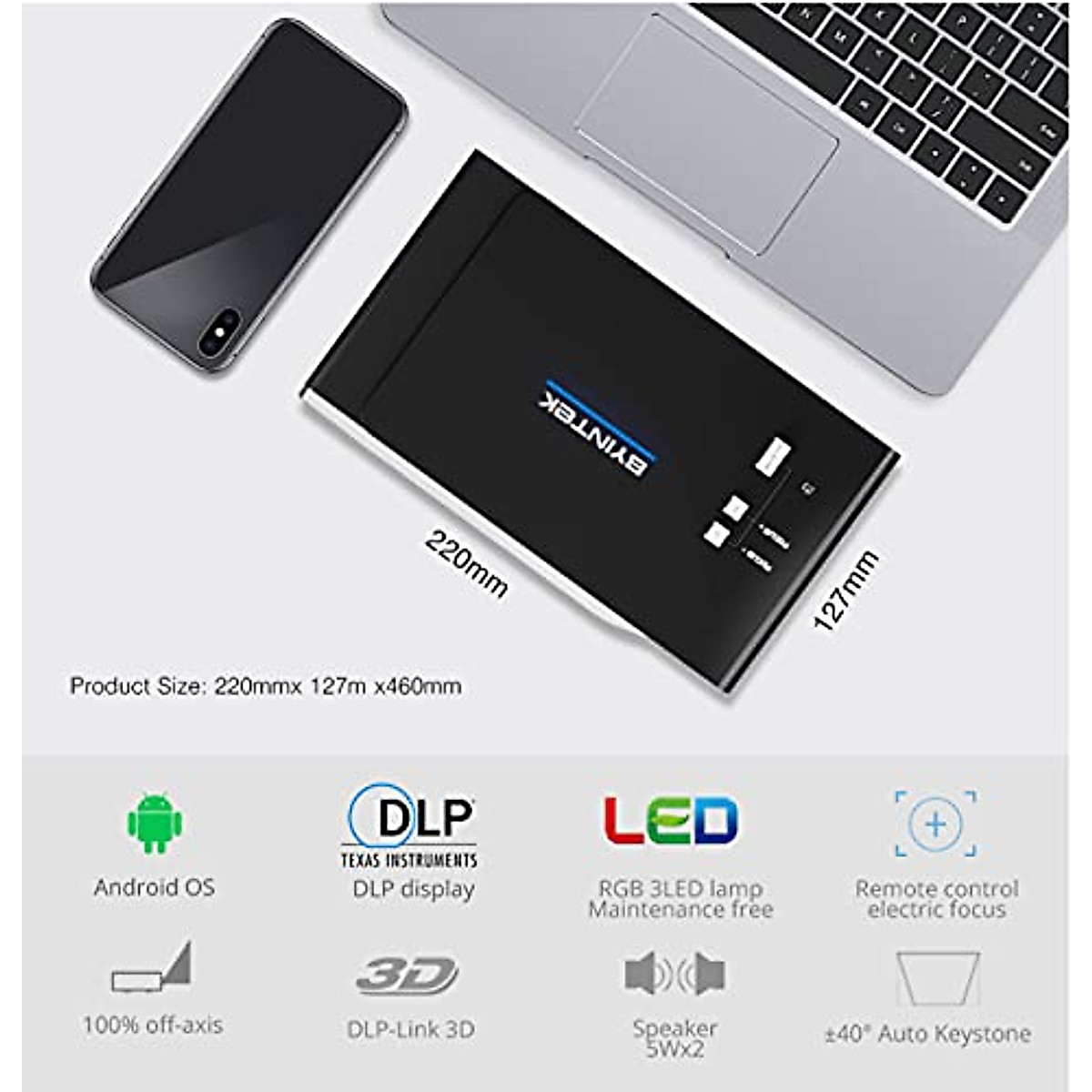 Viinice HD 4K Home Theater 3D Portable Projector 4K Laser Projector with WiFi and Bluetooth