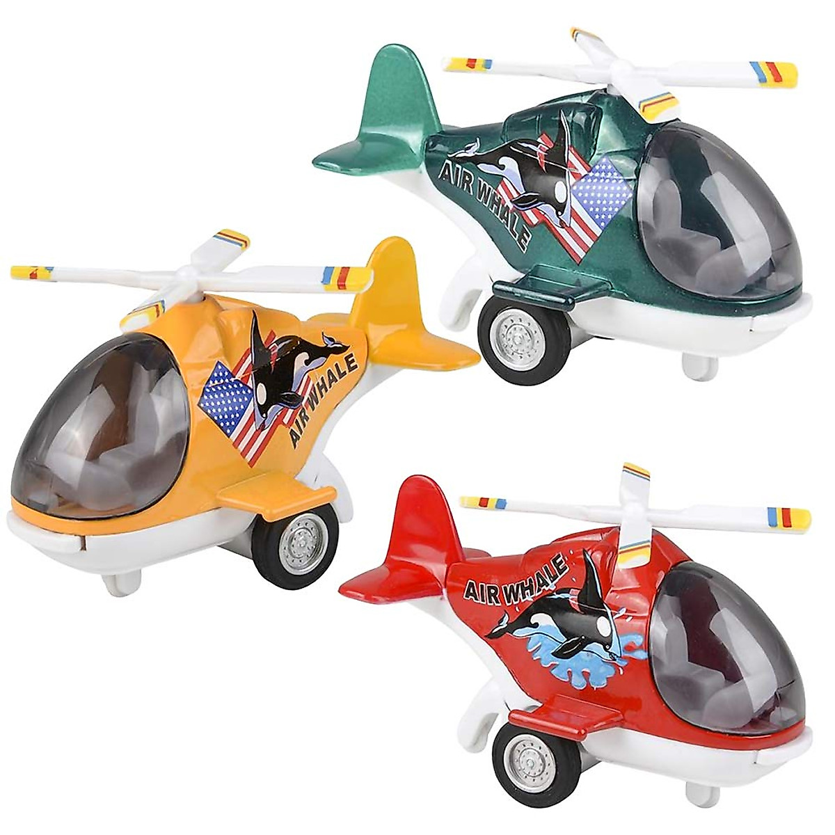 ArtCreativity Diecast Air Whale Helicopters with Pullback Mechanism, Set of 3, Diecast Toy Choppers with Spinning Propellers, Birthday Party Favors, Goodie Bag Fillers for Kids
