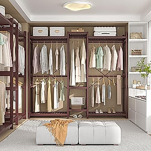 Homykic Bamboo Closet System, Large Clothing Rack Garment Rack for Hanging Clothes, Freestanding Clothes Rack with Shelves and 5 Rods, Stable Open Wardrobe Organizer with 4 Hooks, 70”Wx77”H, Espresso