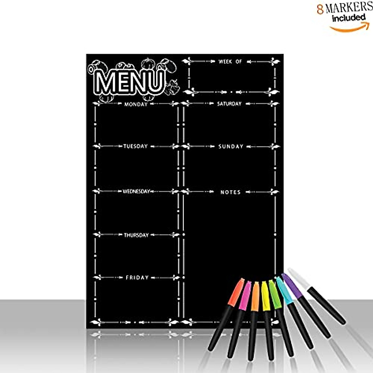 Magnetic Menu Board for Fridge, LiebHome Dry Erase Weekly Menu Planner/Family Calendar 16" x 12" with Grocery List and Notes (Black with 8 Markers)