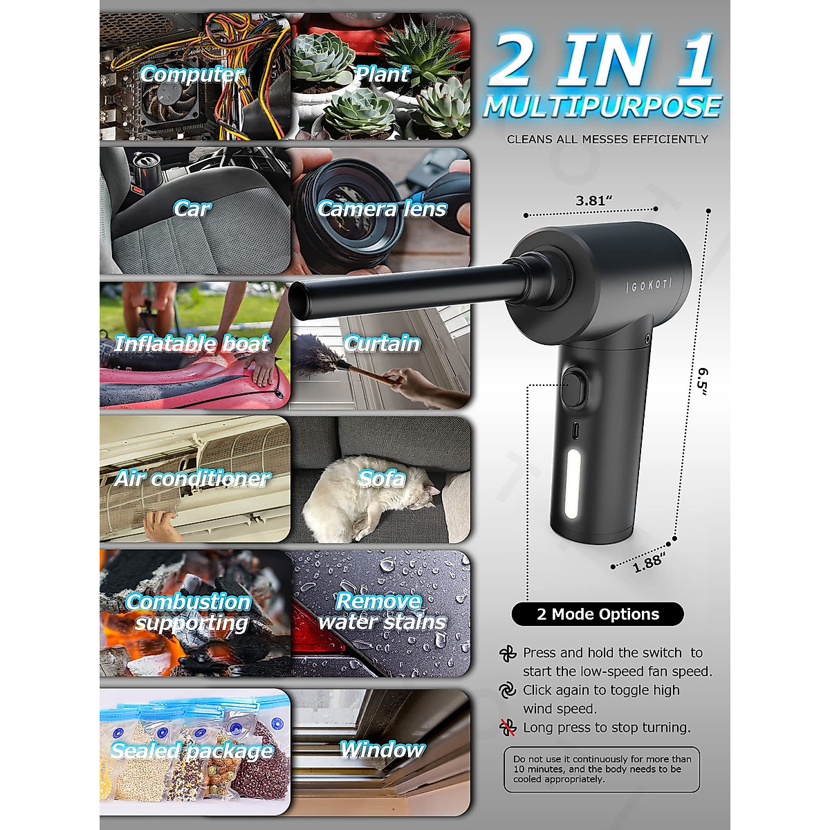 IGOKOTI Compressed Air Duster Reusable Electric Air Duster & Vacuum 2 in 1, Cordless Portable Rechargeable Compressed air, 98000 RPM Handheld Air Blower for Car, Electronics, Keyboard Cleaning