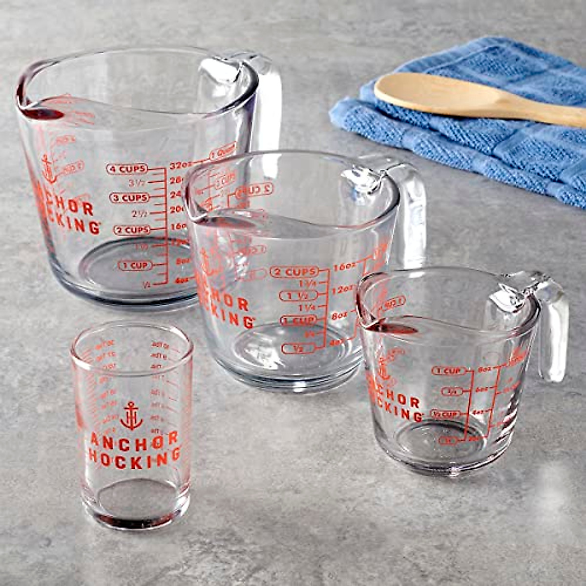 Anchor Hocking Glass Measuring Cup, 4 Pieces, Set Includes 5 oz, 1-cup, 2-cup, 4-cup