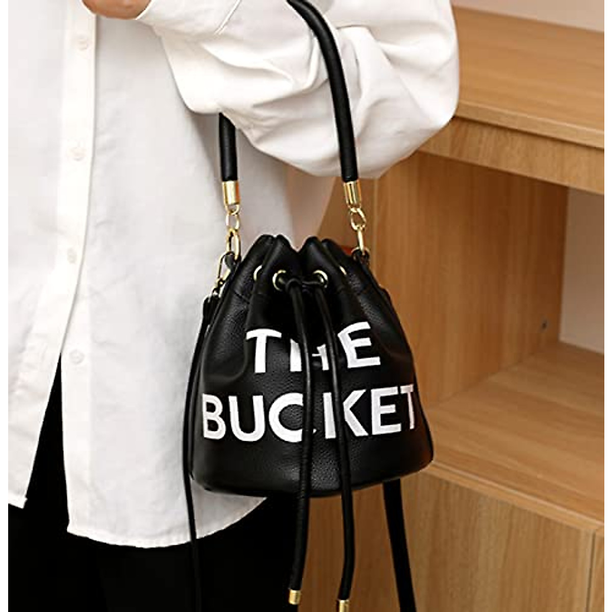 Bucket Bag For Women Leather Bucket Bag Purses, Crossbody Bags Drawstring Handbags Tote Hobo Bag Black