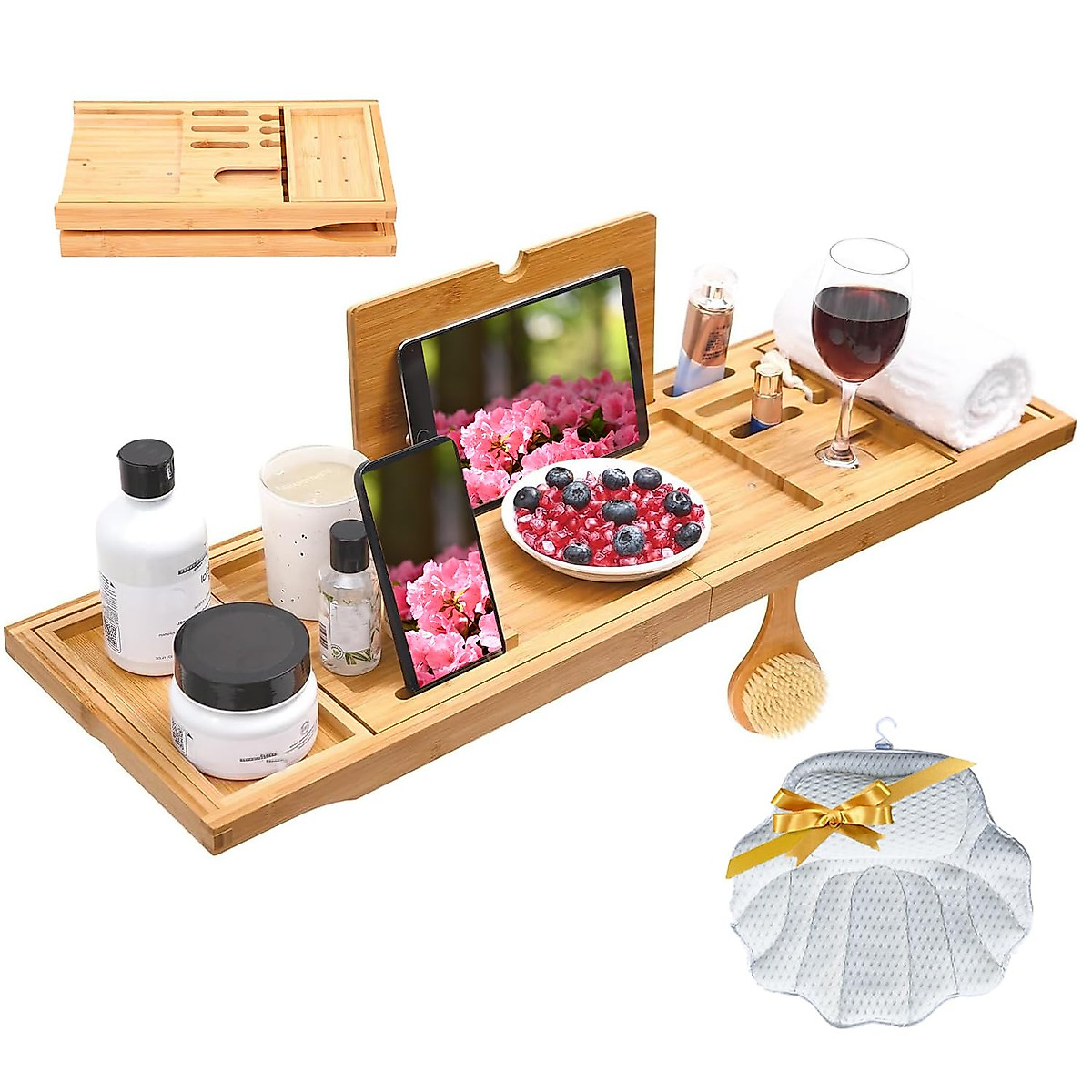 Bathtub Caddy Tray, Expandable Bamboo Bath Tray Waterproof for Tub with Wine Holder Built in Book Tablet Integrated Wineglass Holder Phone Tray & Accessories Placement（expands to 43 inches）