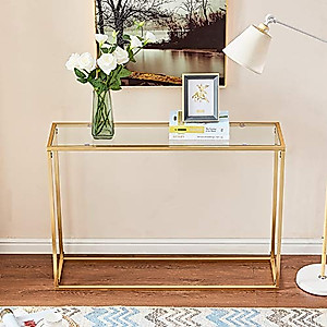 Wimarsbon Gold Console Table, Glass Sofa Tables, Modern Open Hallway Table, Narrow Entryway Table, Slim Accent Porch Table, Couch Side Table with Golden Metal Frame, Easy Assembly