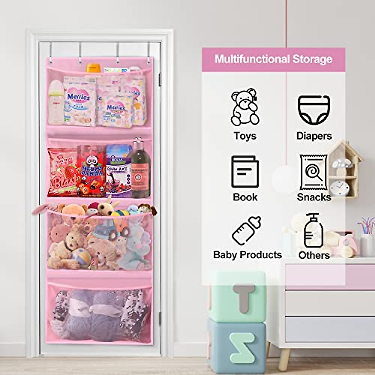 Stuffed Animal Storage,Over The Door Organizer Storage for Storage Plush Toys,Baby Supplies and Other Soft Sundries,Breathable Hanging Large Capacity Toy Storage Pockets for Kids Room Bathroom (Pink)