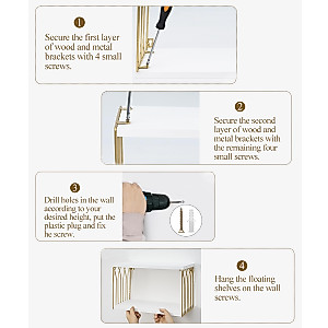 Sivapleso Floating Nightstand, White and Gold Small Wall Mounted Night Stands Modern Minimalism Hanging Bedside Table