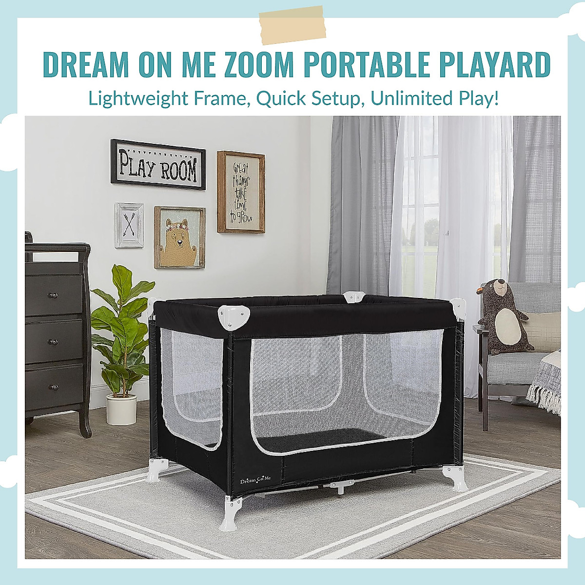Dream On Me Zoom Portable Playard in Dark Grey, Lightweight, Packable and Easy Setup Baby Playard, Breathable Mesh Sides and Soft Fabric - Comes with a Removable Padded Mat