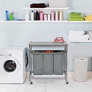 HollyHOME Laundry Sorter Cart with Iron Rack And Ironing Board Heavy Duty Side pull 3 Bags Classic Rolling Laundry Hamper Sorter 4 Wheels Grey