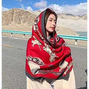 Women's Blanket Chunky,Pashmina Shawls Wraps Oversized Winter & Fall Warm Scarfs Soft Cashmere Feel for Girls and Women (Red-Carriage)