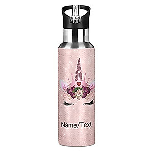 Custom Pink Unicorn Double Stainless Steel Insulated Water Bottle with Straw Lid, 20 oz, Customizable with Name/Text