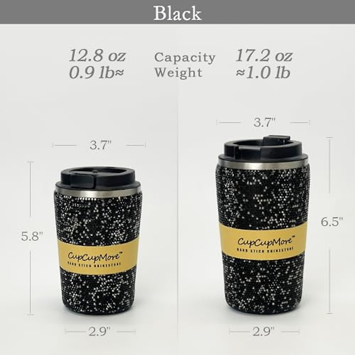 Cupcupmore 12 oz Bling Black Rhinestone Stainless Steel Coffee Tumbler,Shiny Travel Insulated Coffee Mug with Lid, Reusable Spill Proof Coffee Cup,Portable Thermal Mug for Hot and Cold