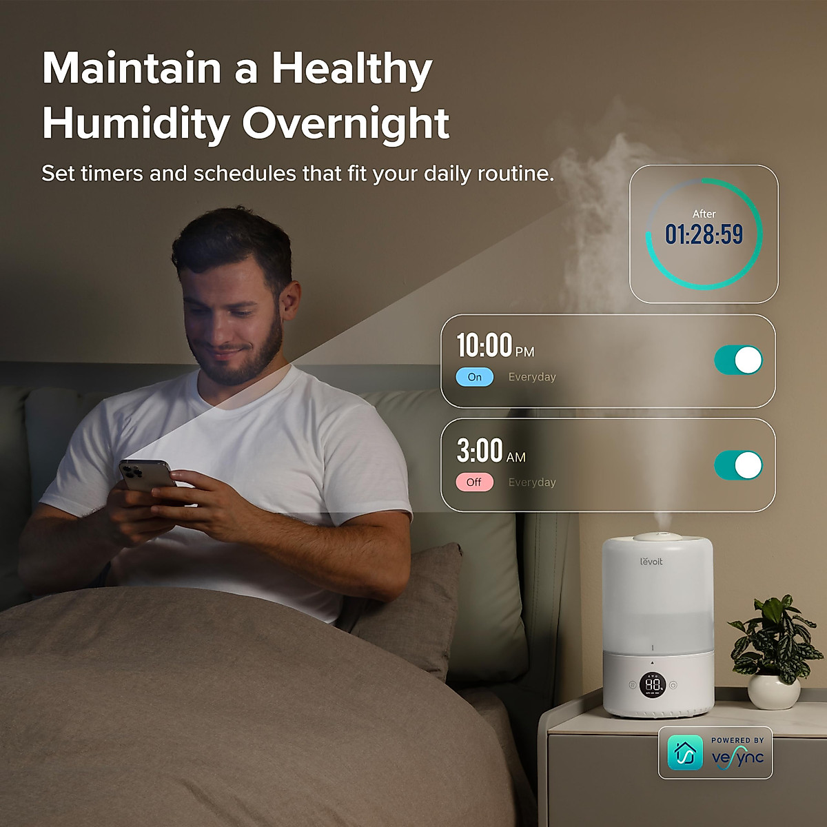 LEVOIT Smart Cool Mist Top Fill Humidifiers for Bedroom with Sensor, Auto Humidity Setting , APP & Voice Control, Essential Oil Diffuser, Ultra Quiet Operation, Super Easy Top Fill, 3L, White