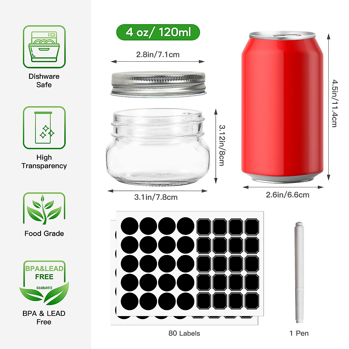 STARSIDE 4 oz Glass Mason jars,24 Pack Glass Canning Jars With Regular Mouth Lids, Perfect Containers for Jam, Honey, Candies,Overnight Oats,Wedding Favors. Included 1 Pens and 80 Labels.