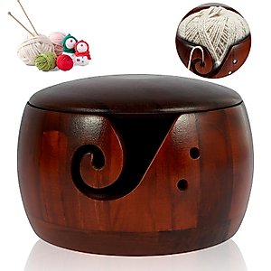 Abizarch Wooden Yarn Bowl,Crochet Bowl with Lid, 6 inch Knitting Yarn Bowls with Holes, Yarn Storage Bowl Handmade Craft with Storagebag for DIY Knitting Crocheting