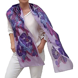 Artistic Hand Painted Long Silk Scarf for Women Fashion Boho Wrap Floral Patterns Trendy Purple Pink Neck Scarfs Unique Designer Shawl Womens Birthday Gift Mother Day Gift Handmade Gifts for Her