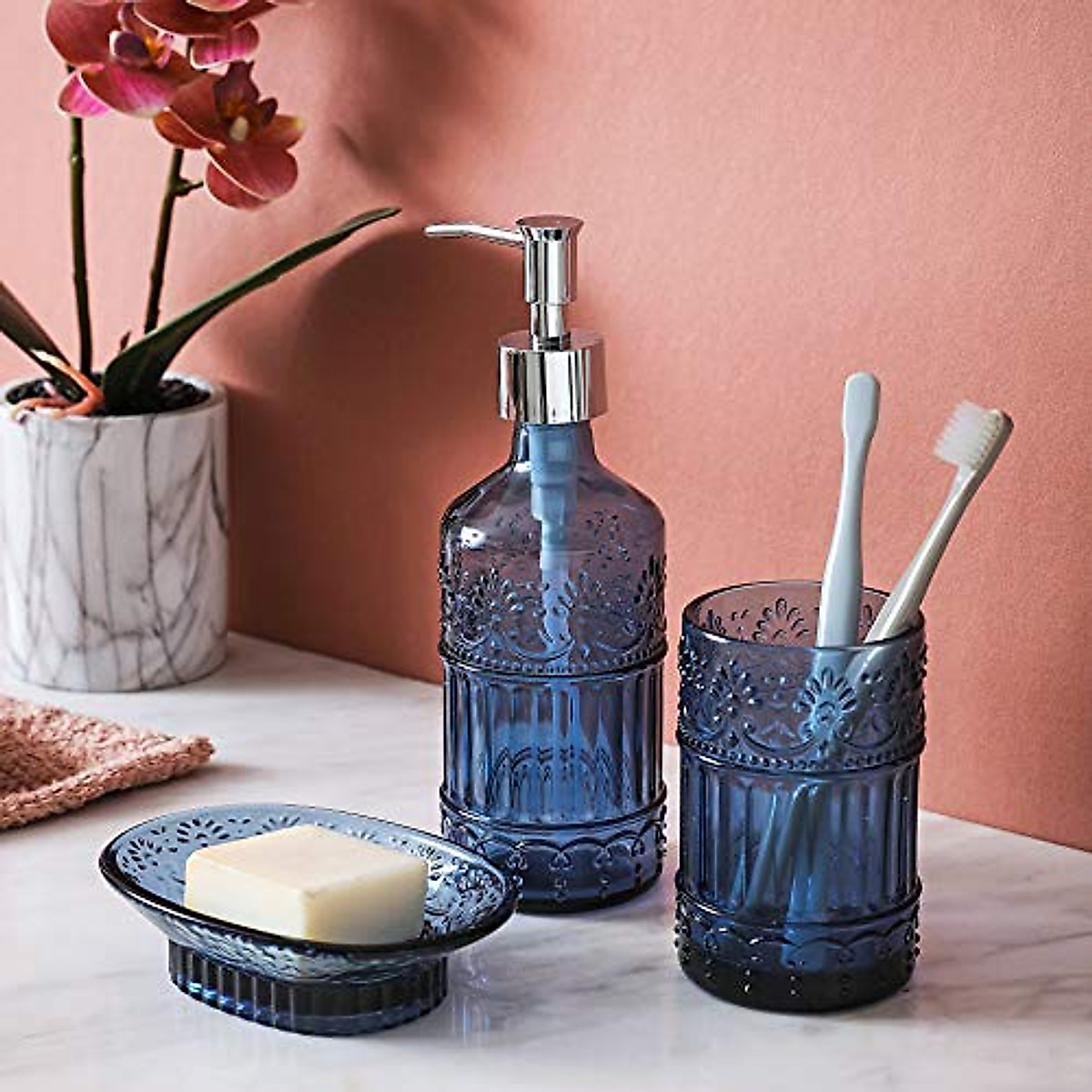 WHOLE HOUSEWARES | Premium Bathroom Accessory Set | 4-Piece Decorative Blue Glass Bathroom Decor Accessories Set | Soap Dispenser, Tray, Jar, Toothbrush Holder | Elegant Mosaic Glass (Blue)