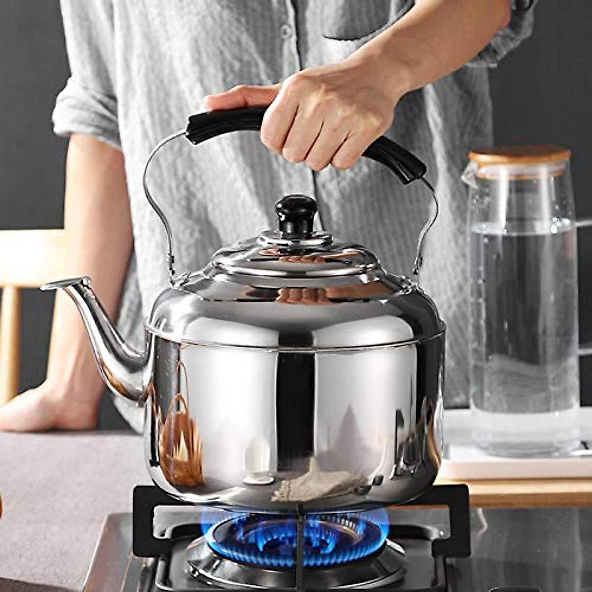Tea Kettle Stovetop Stainless Steel 304, Tea Kettle with Heat-Resistant Handle, for Gas Induction Electric Stovetops (Color : 304 Stainless Steel, Size : 5L)