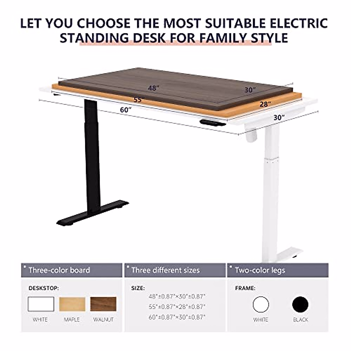 ALFABC Standing Desk 48 x 30 Inch Electric Sit Stand Desk Height Adjustable Stand Up Desk for Home Office, Computer Workstation Office Desk with Whole Board (Black Frame + Walnut Tabletop)