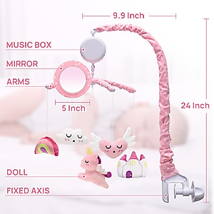 SHIDEER Crib Mobile for Girls, Crib Mobile with 36 Lullabies Musical Box, Baby Mobile for Crib with Mirror, Volume & Songs Control, Baby Mobile Hanging Rotating Crib Toys(Pink Castle&Rainbow Theme)