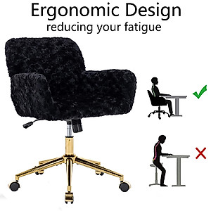 Faux Fur Desk chair Vanity Makeup Chair, Comfy Fluffy Swivel Home Office Chiar with Wheels, Height Adjustable Comfy Fluffy Desk Chair for Teens Girls Women, Easy Movable (Black-rabbit fur, Gold Base)