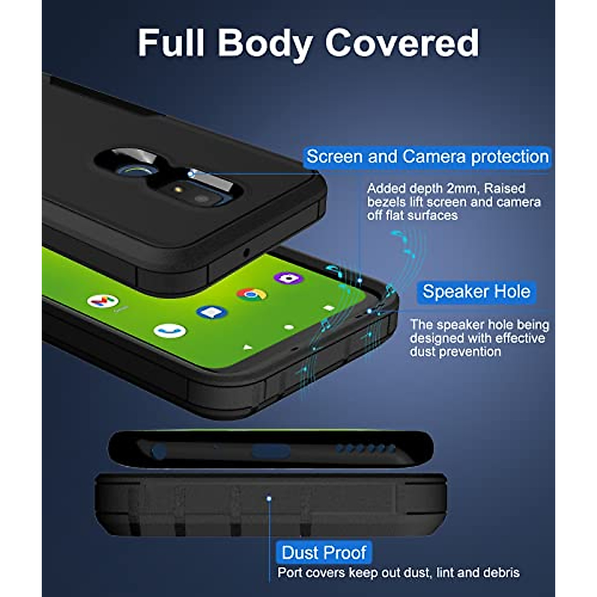 Dahkoiz Cricket Icon 3 Case, At&t Motivate 2, Cricket Splendor Phone Case with Screen Protector, Dust-Proof Port Cover, Magnetic Car Mount Support, Full Body Silicone Rubber Protection, Black