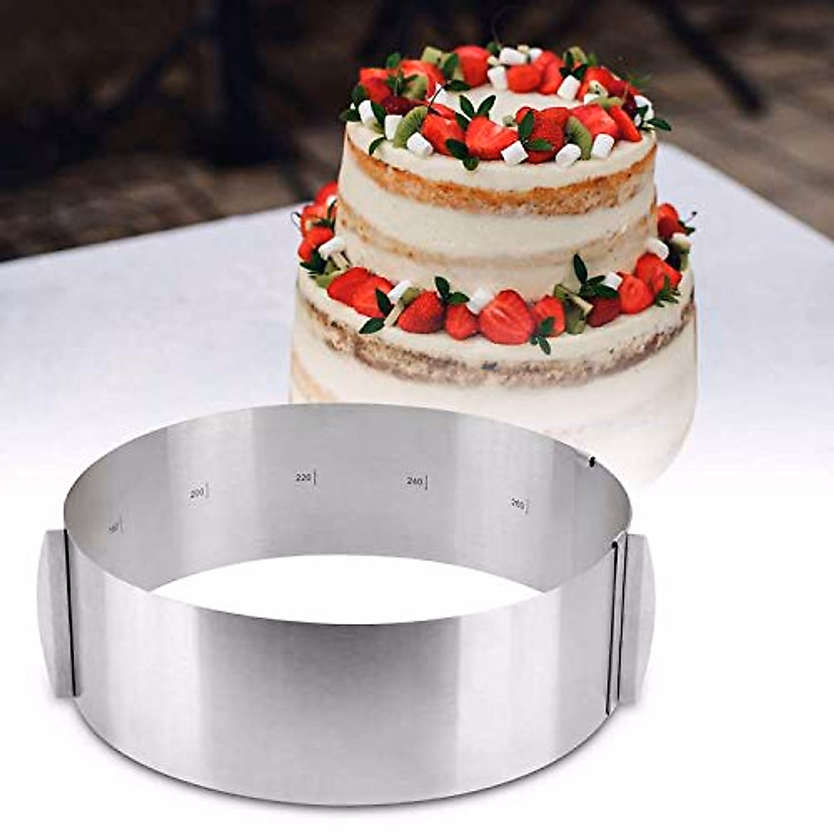 KEILEOHO Layer Cake Slicer Set, 2 PCS Stainless Steel Adjustable 7 Layered Bread Cutter Ring with Respective Diameter of 6-8 Inches and 9-12 Inches 3.4 Inches High and 1 PCS Adjustable Biscuit Cutter