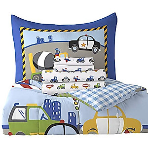 dream FACTORY Trucks Tractors Cars Boys 5-Piece Bedding Comforter Sheet Set, Twin Blue Red Multi
