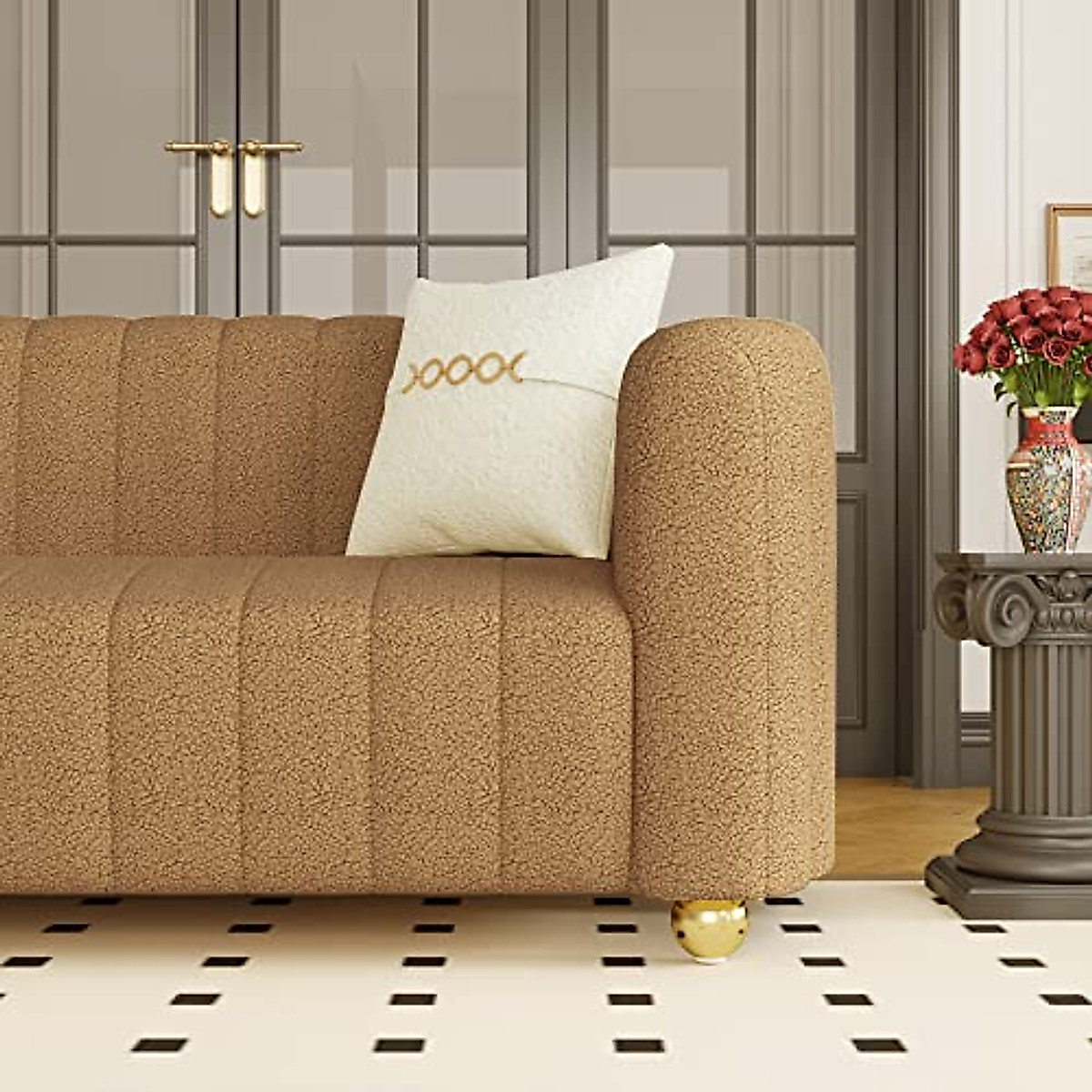 Misoce 83'' Luxury Velvet Couch Sofa for 3 Person Fashion Couch with 2 Pillows, Metal Legs Solid Wood Frame Chesterfield Sofa Couch for Living Room, Hotel (83'' Brown)