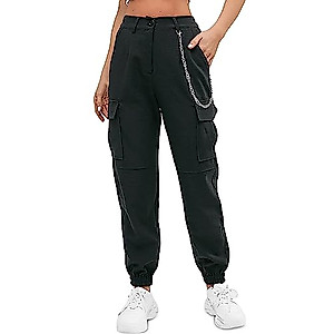 ZAFUL Cargo Pants for Women High Waisted Jogger Pants Outdoor Sweatpants Casual Pants with Chain (1-Black,L)