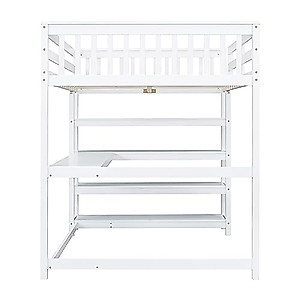 BOVZA Wood Loft Bed with Desk and Shelves, Full Size Loft Bed with Storage Shelves and Under-Bed Desk, Bed Frame for Kids Teens Adult, White