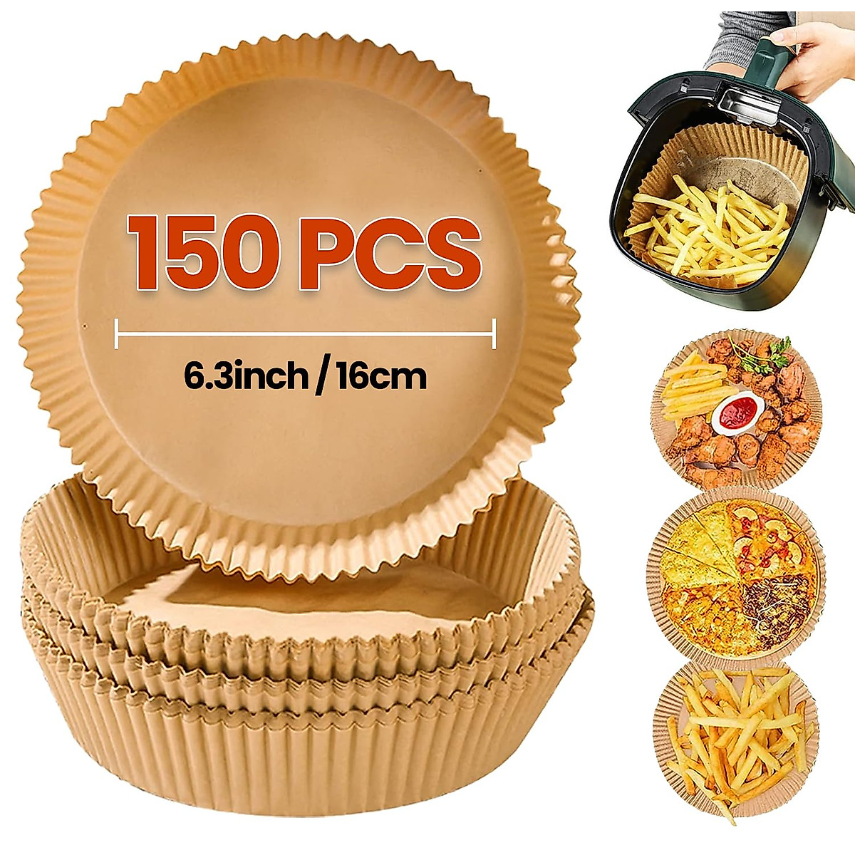 Air Fryer Liners, 150Pcs Non-Stick Waterproof Liners Disposable Air Fryer Liner Heat-Resistant Food Grade Parchment for Roasting Cooking Microwave (6.3 Inch)