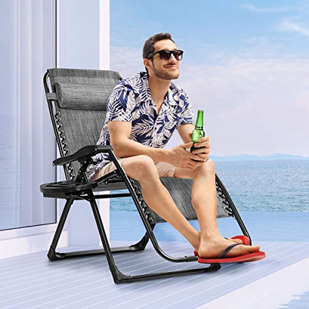Goplus Zero Gravity Chairs, X-Large Outdoor Lounge Lawn Chair with Cup Holder & Detachable Headrest, Adjustable Folding Patio Recliner for Pool Porch Deck Oversize (Gray)