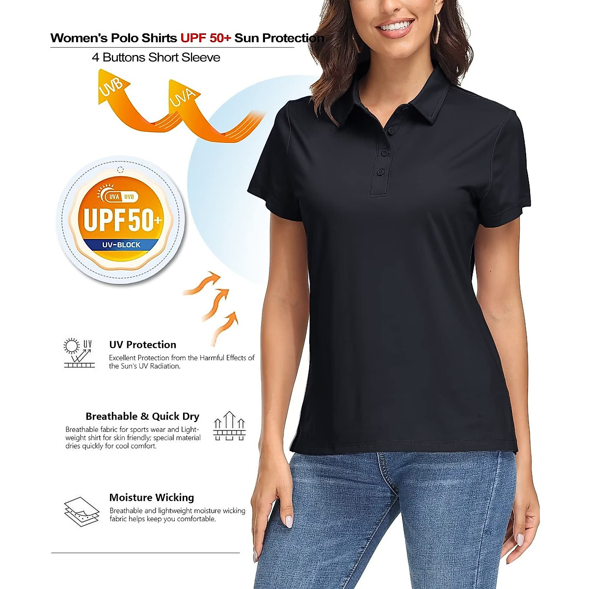 MAGCOMSEN Polo Shirts for Women Quick Dry T Shirts Golf Shirts Pique Short Sleeve Tennis Shirts Athletic Shirt Hiking Shirts Black S