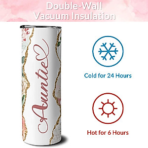 owbgsdh 20 oz Aunt Skinny Tumblers with Lid and Straw, Auntie Stainless Steel Vacuum Insulated Travel Coffee Mug Cup Water Bottle, Auntie Birthday Gifts for Aunt