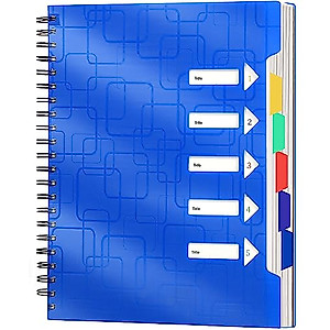 CAGIE 5 Subject Notebook Wide Ruled 8.5x11 Spiral Notebook with Dividers Tabs 240 Pages A4 Notebooks for School Work Organization Note Taking, Blue