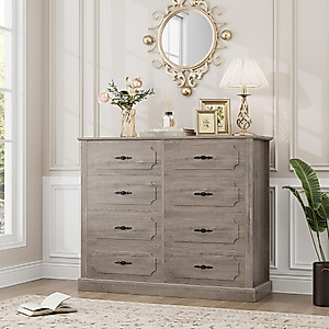 FINETONES Grey Dresser Chest of Drawers, 47.2” Farmhouse Dresser Wood Dresser 8 Drawer Dresser with Steel Handles, Modern Dresser Drawers Floor Storage Cabinet for Living Room Hallway Office